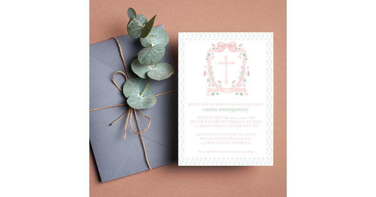 Pretty Pink Crest and Cross | Floral Baptism Invitation | Zazzle