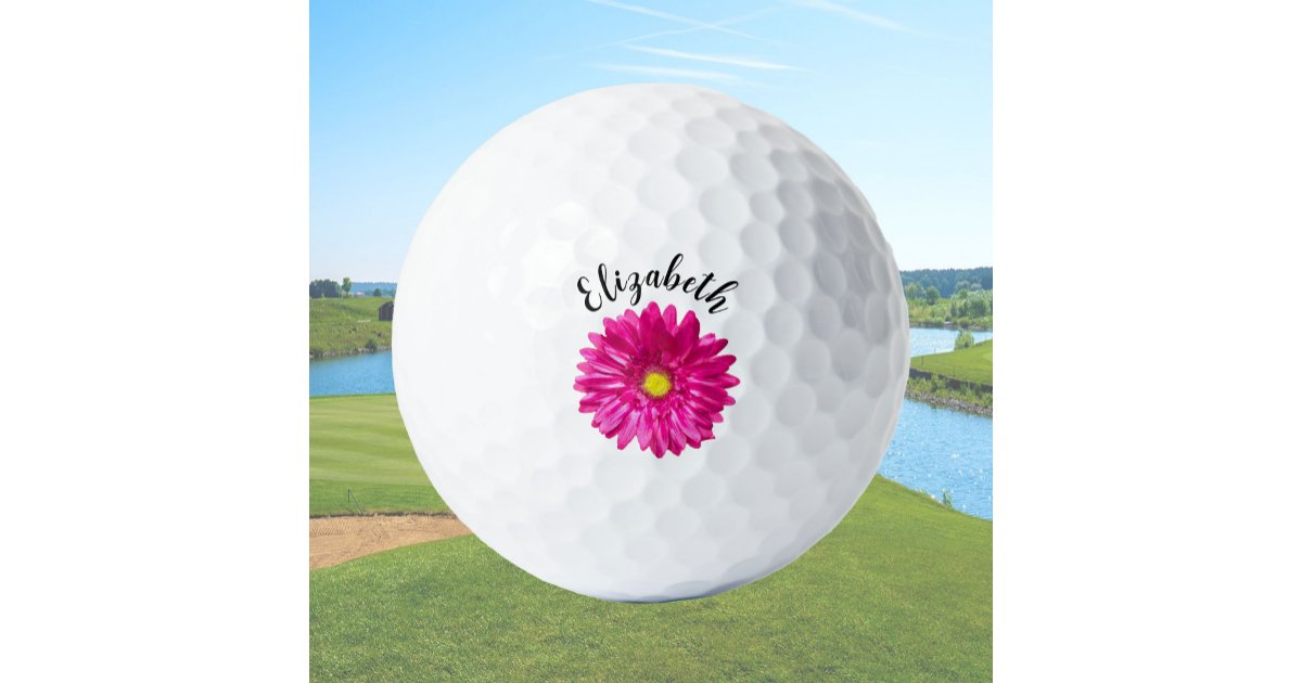 Pretty pink daisy flower custom name womens golf balls | Zazzle