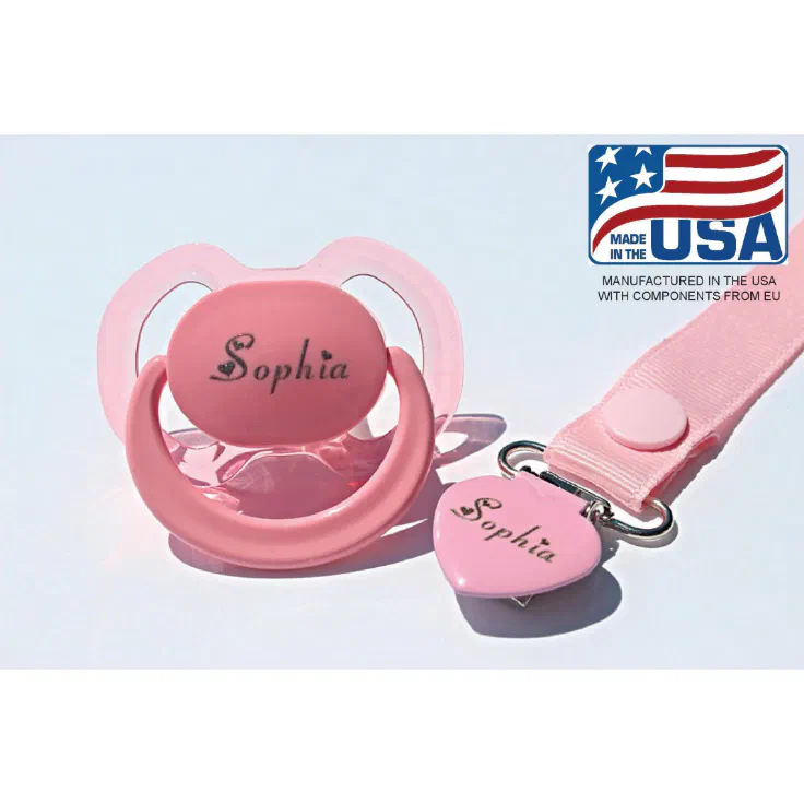 Pretty Pink Engraved Baby's Clip And Pacifier | Zazzle