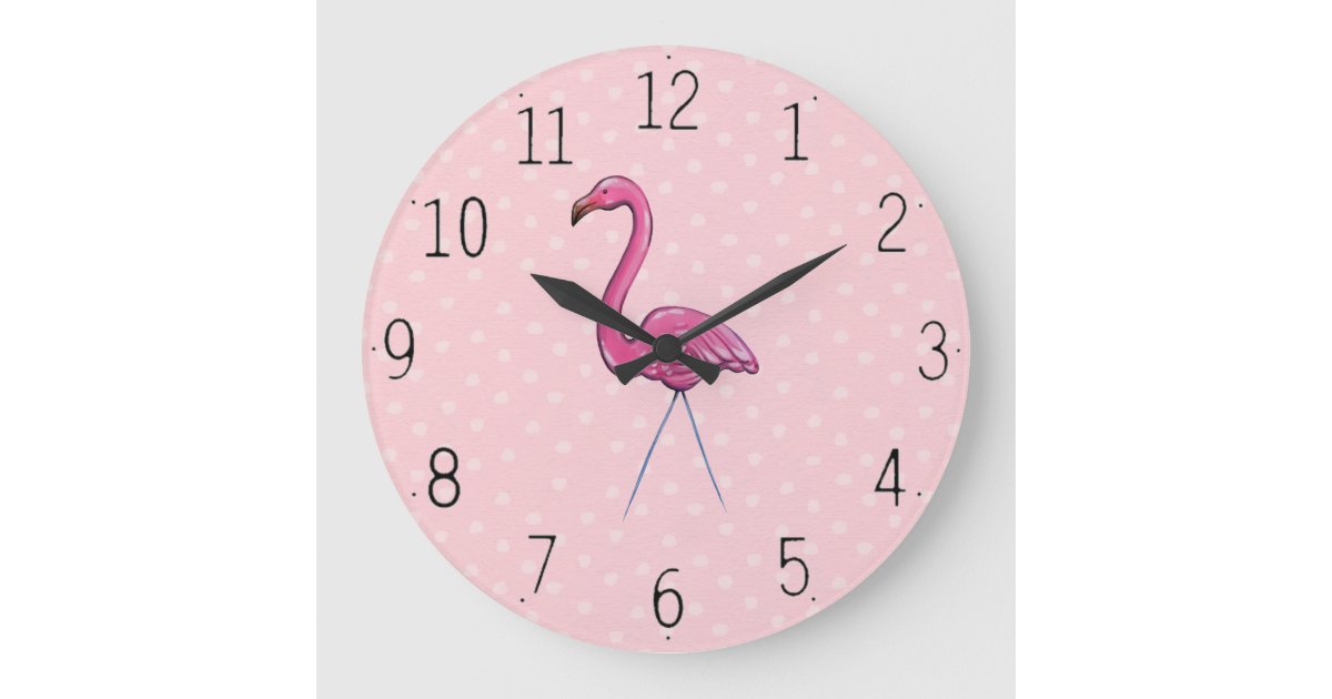 Pretty Pink Flamingo on Polka Dot background Clock | Zazzle