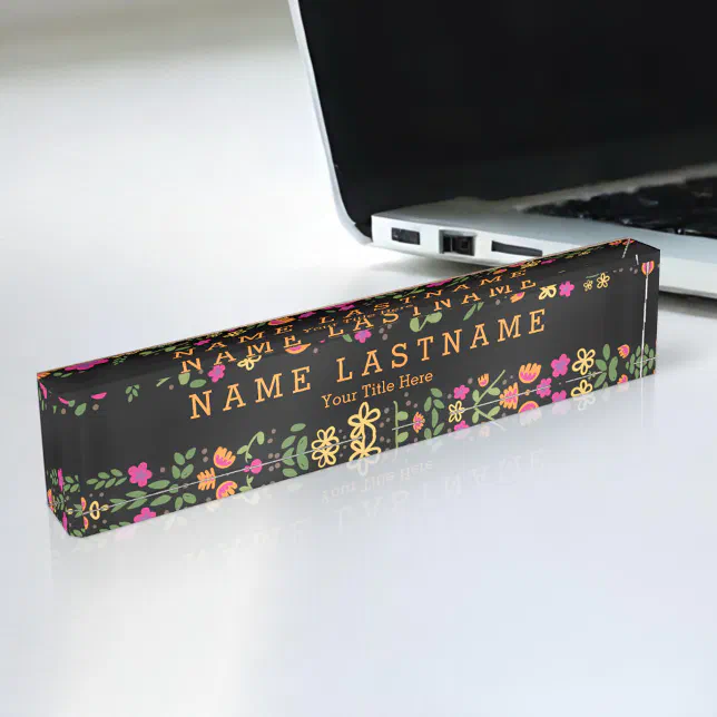 Pretty Pink Floral Custom Black Desk Nameplate | Zazzle