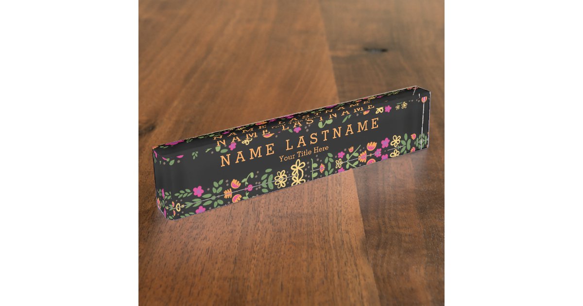 Pretty Pink Floral Custom Black Desk Nameplate | Zazzle