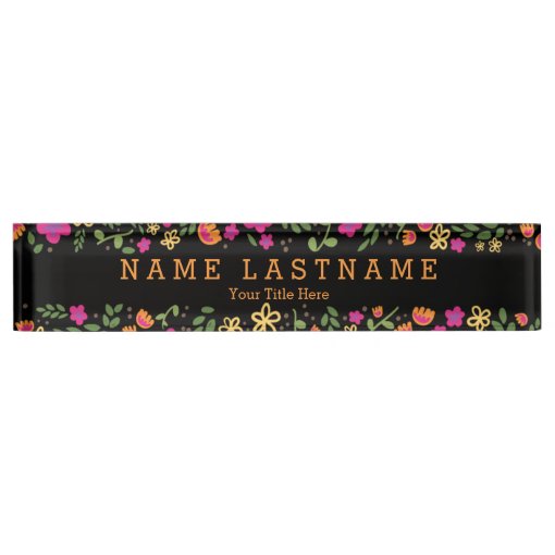 Pretty Pink Floral Custom Black Desk Nameplate | Zazzle