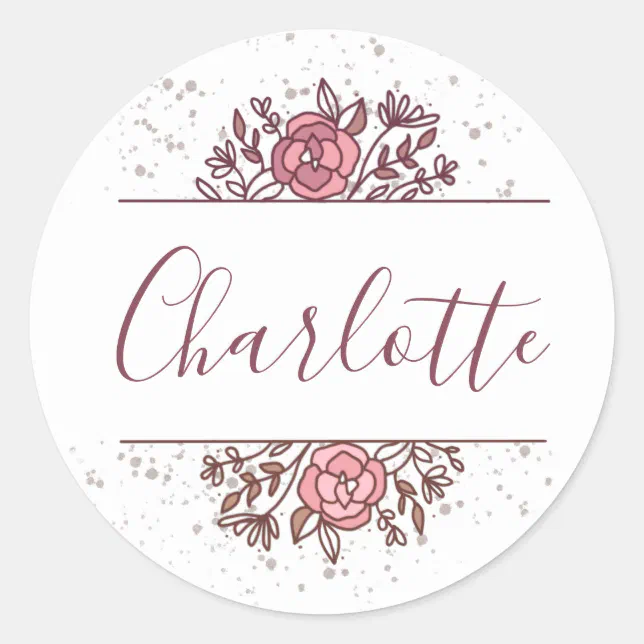 Pretty Pink Floral Custom Name Classic Round Sticker | Zazzle