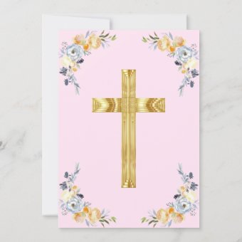 Pretty Pink Floral Gold Cross 1st Holy Communion Invitation | Zazzle