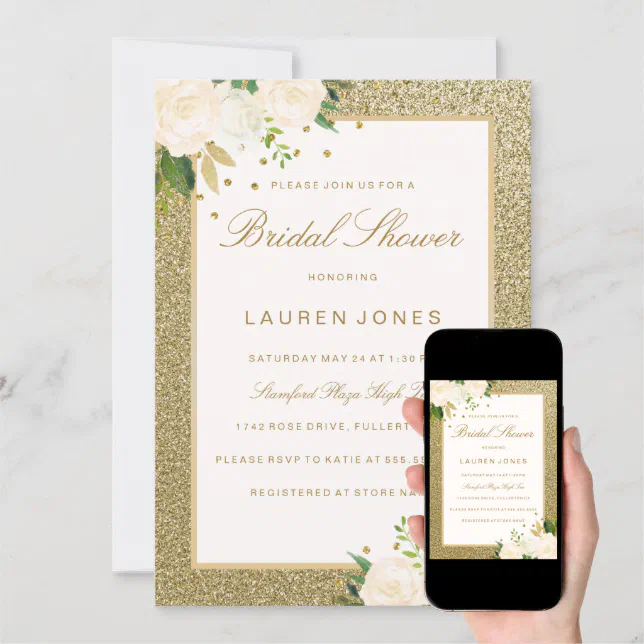 Pretty Pink Floral Gold Glitter Bridal Shower Invitation Zazzle
