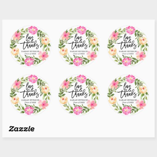 Pretty Pink Floral Graduation Thank You Sticker | Zazzle