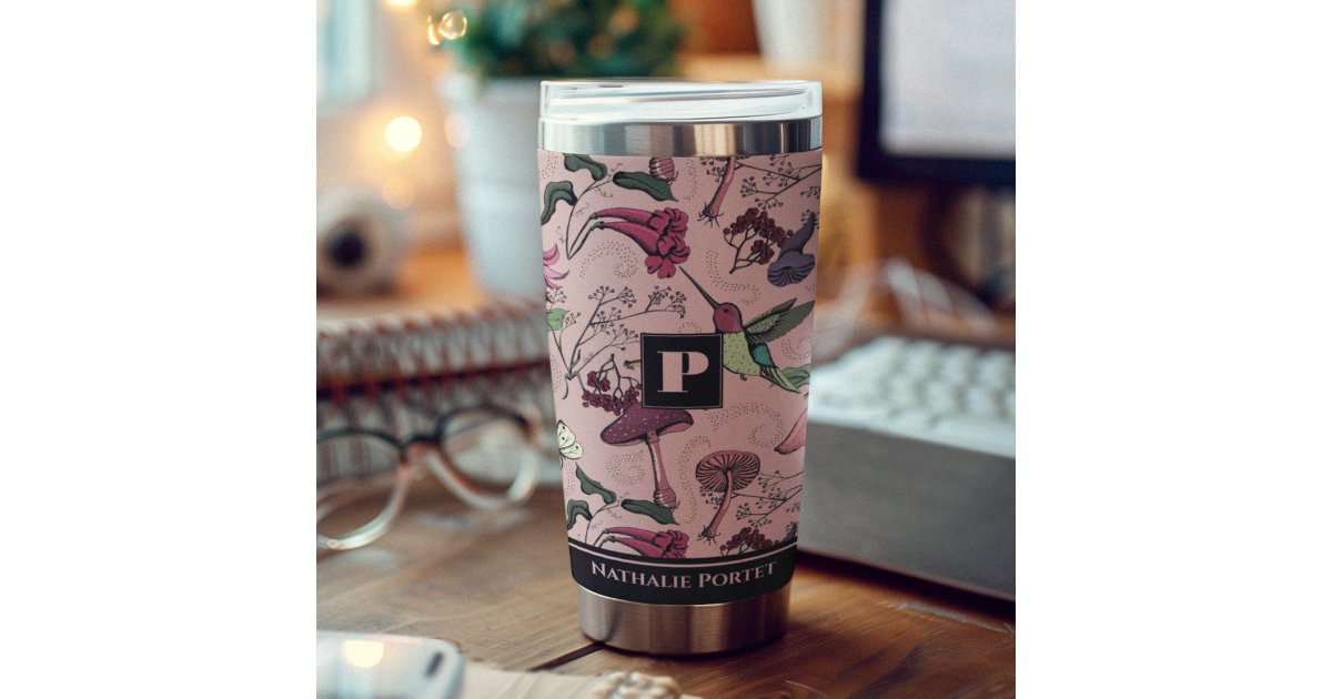 Pretty Pink Floral Hummingbird Monogrammed Insulated Tumbler | Zazzle