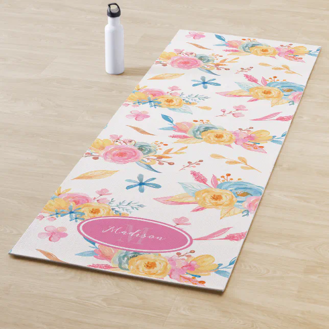 Pretty Pink Floral Pattern Monogrammed Yoga Mat | Zazzle