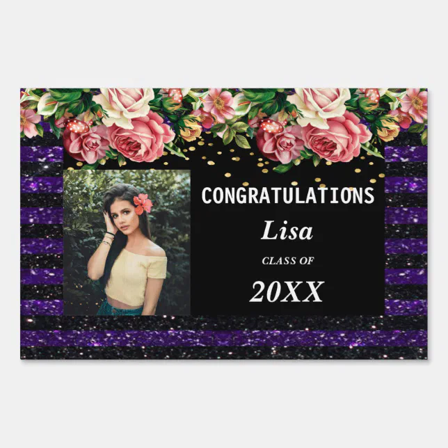 Pretty Pink Floral Purple Black Stripes Graduation Sign | Zazzle
