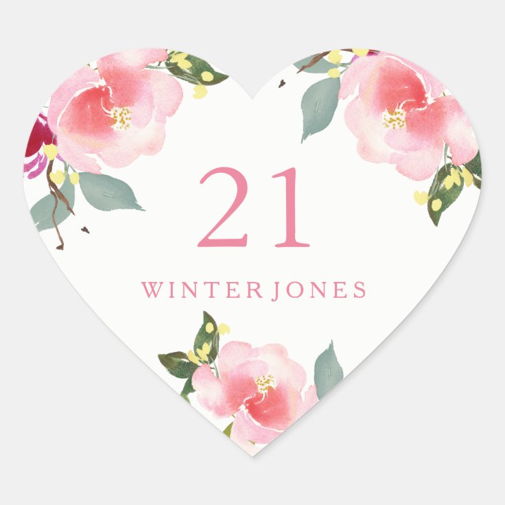 Pretty Pink Floral Watercolor 21st Birthday Party Heart Sticker | Zazzle
