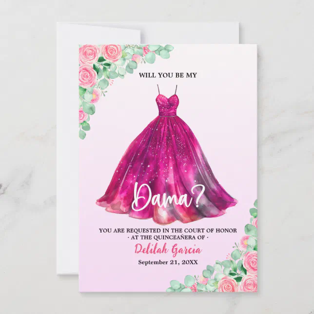 Pretty Pink Formal Quinceañera Dama Proposal Invitation | Zazzle