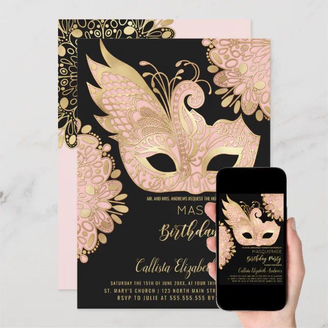 Pretty Pink Gold Black Masquerade Mask Birthday Invitation | Zazzle