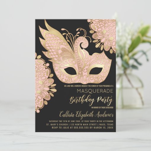 Pretty Pink Gold Black Masquerade Mask Birthday Invitation | Zazzle