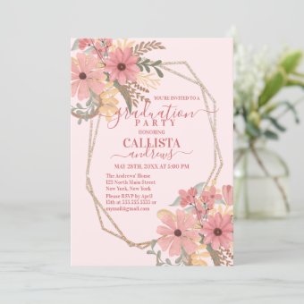 Pretty Pink Painted Flowers Glitter Frame Birthday Invitation | Zazzle