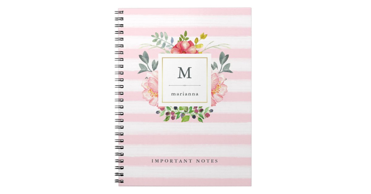 Pretty Pink Peony Watercolor Flowers with Stripes Notebook | Zazzle