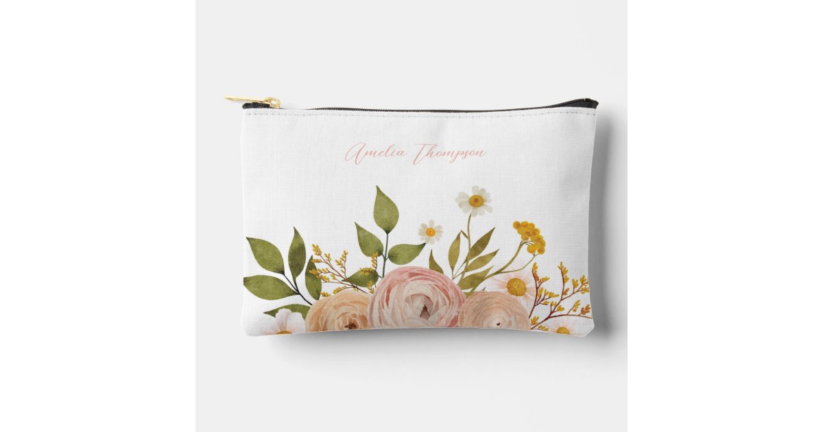 Pretty Pink Personalized Floral Accessory Pouch | Zazzle