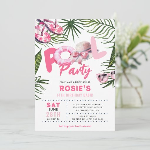 Pretty Pink Pool Party Girl Birthday Invitation | Zazzle