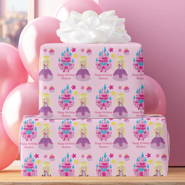 Pretty Pink Princess Girl Custom Birthday Castle Wrapping Paper | Zazzle