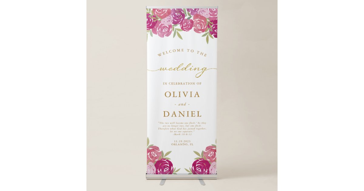 Pretty Pink Purple Roses Wedding Welcome Signage Retractable Banner ...