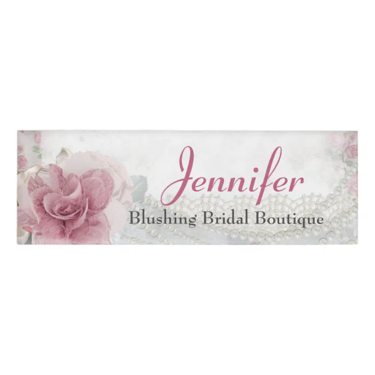 Pretty Pink Rose and Pearls Employee Name Tag | Zazzle