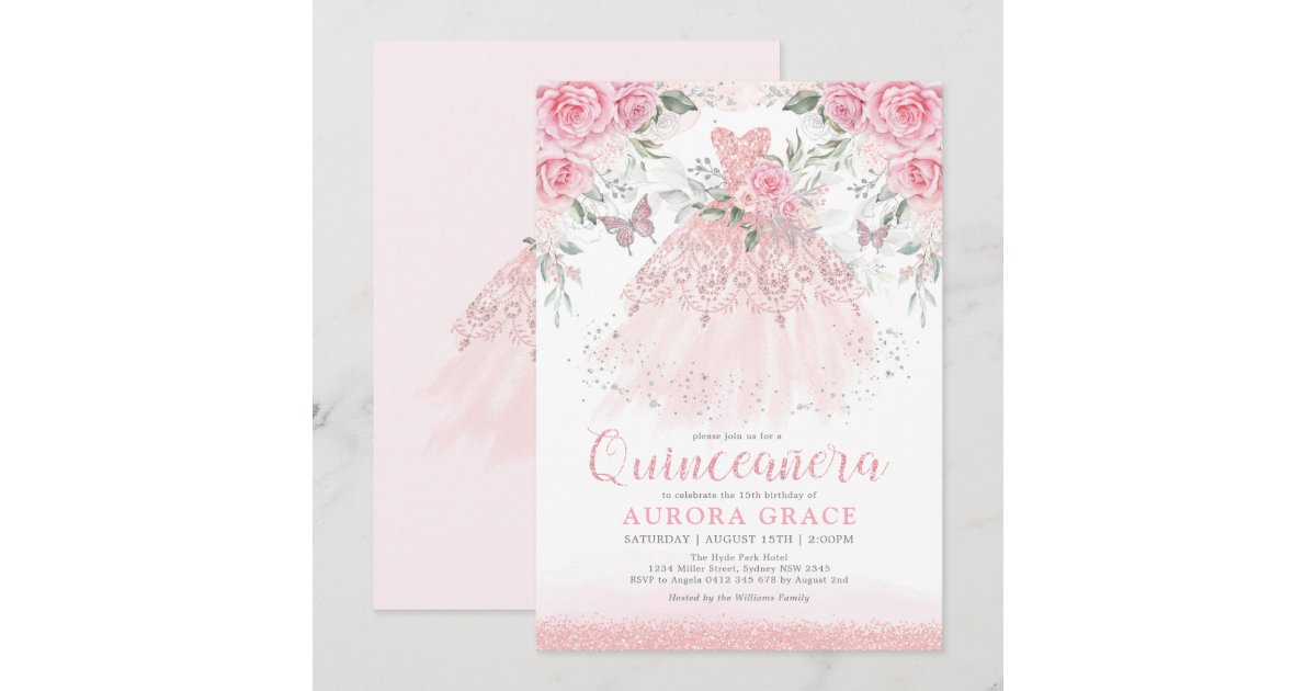 Pretty Pink Silver Quinceañera Princess Dress Invitation | Zazzle