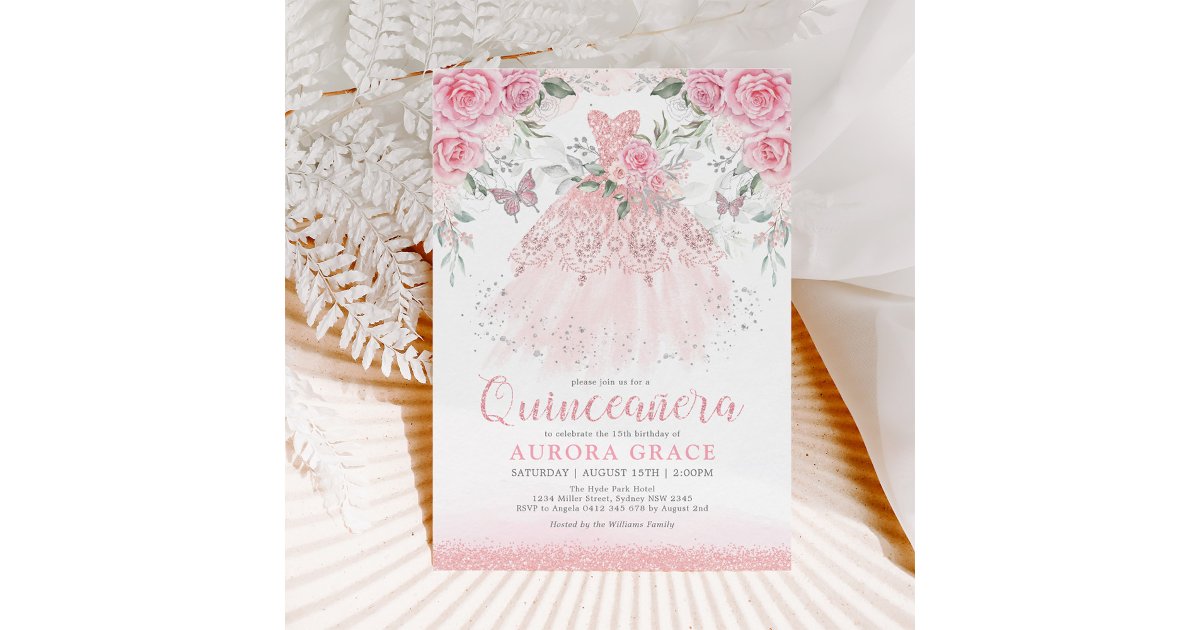 Pretty Pink Silver Quinceañera Princess Dress Invitation | Zazzle