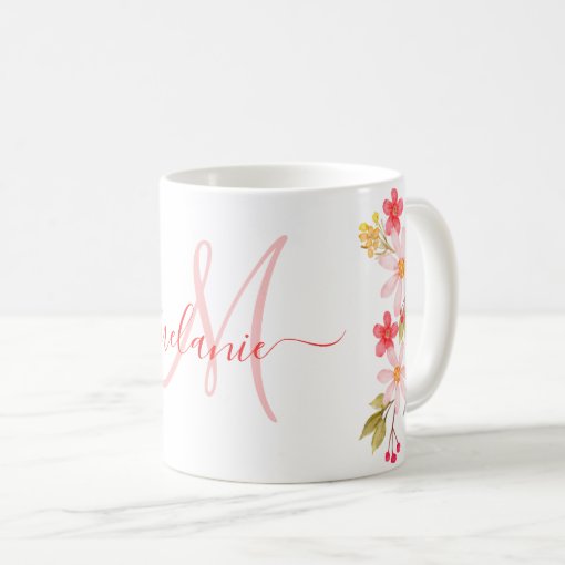 Pretty Pink Watercolor Floral Custom Monogram Name Coffee Mug | Zazzle