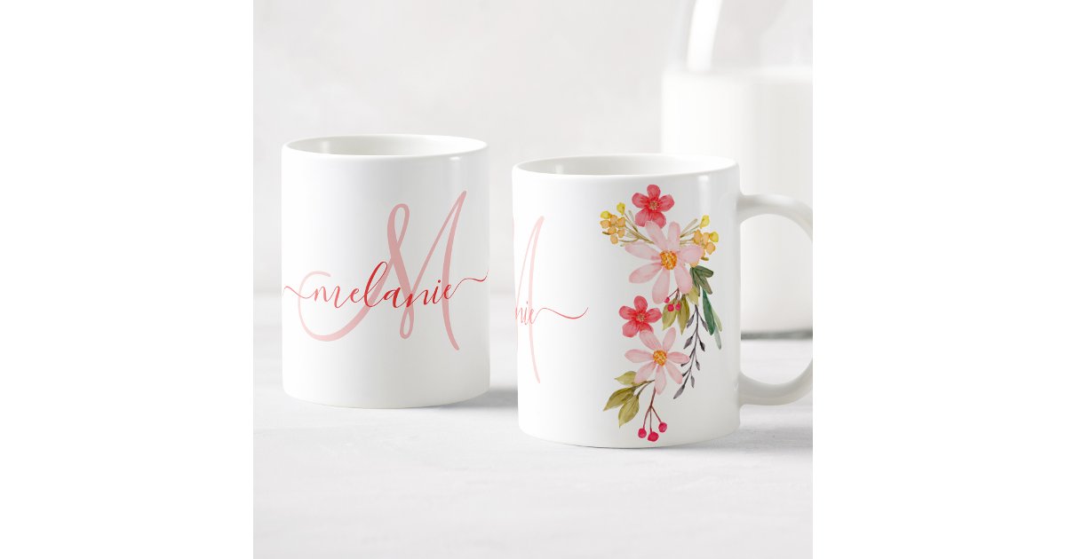 Pretty Pink Watercolor Floral Custom Monogram Name Coffee Mug | Zazzle