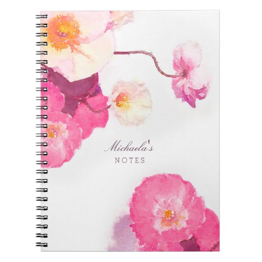 Pretty Pink White Poppies Watercolor Name Notebook | Zazzle.com