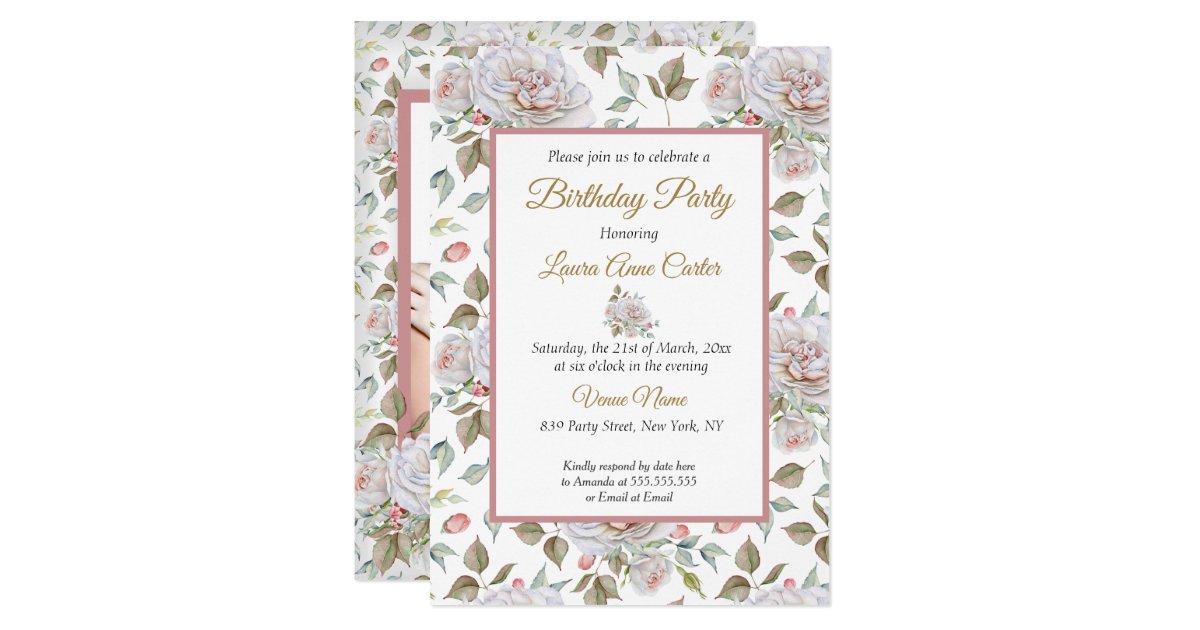 Pretty Pink White Roses Photo Birthday Party Invitation | Zazzle.com