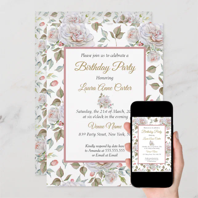 Pretty Pink White Roses Photo Birthday Party Invitation | Zazzle