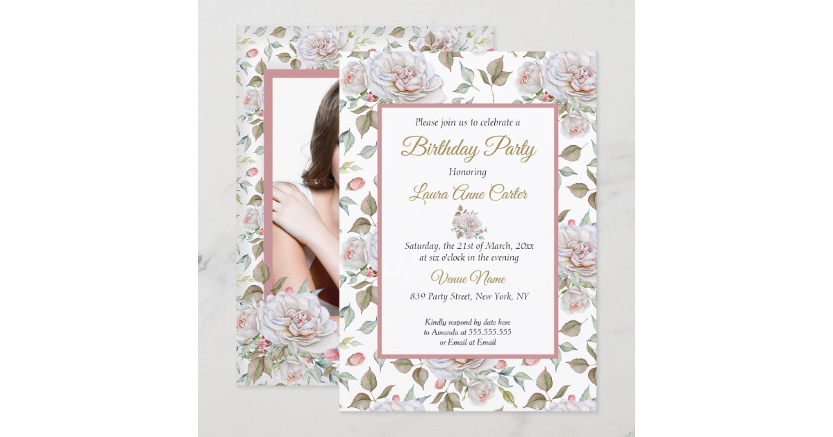 Pretty Pink White Roses Photo Birthday Party Invitation | Zazzle