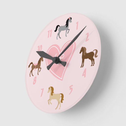 Pretty Ponies and Pink Heart Cute Horse Round Clock | Zazzle
