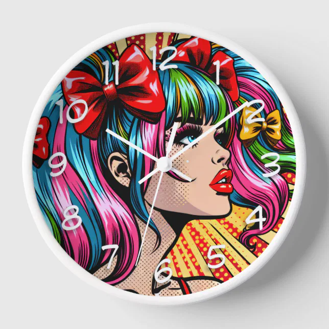 Pretty Pop Art Comic Girl with Bows Clock | Zazzle