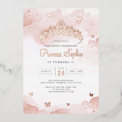 Pretty Princess Rose Gold Girls Birthday Party Foil Invitation | Zazzle