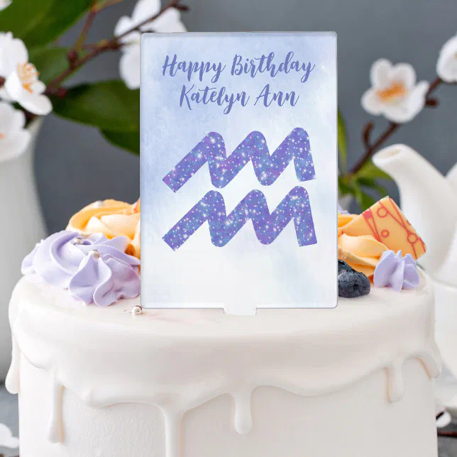 Pretty Purple Aquarius Astrology Sign Birthday Cake Topper | Zazzle