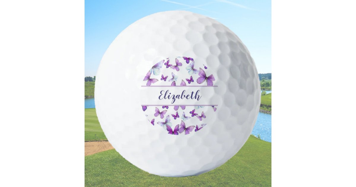 Pretty purple butterfly with custom name ladies golf balls | Zazzle
