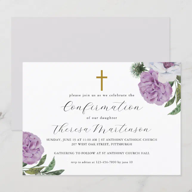 Pretty Purple Floral and Cross Confirmation Invitation | Zazzle
