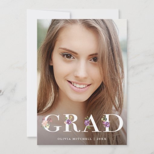 Pretty Purple Floral Text | Photo Grad Party Invitation | Zazzle