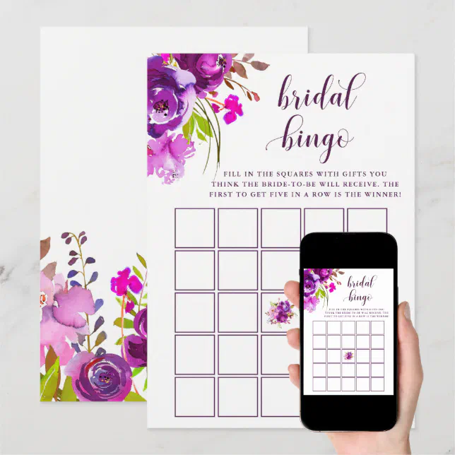 Pretty Purple Flowers | Bridal Shower Bingo Game Invitation | Zazzle