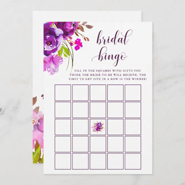Pretty Purple Flowers | Bridal Shower Bingo Game Invitation | Zazzle