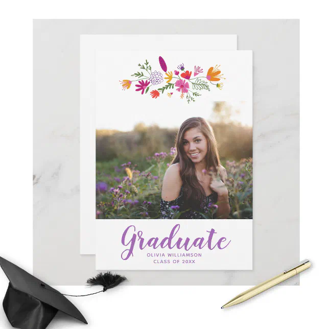 Pretty Purple Flowers Grad Photo Graduation Party Invitation | Zazzle