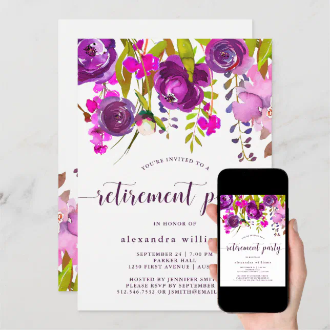 Pretty Purple Flowers | Retirement Party Invitation | Zazzle