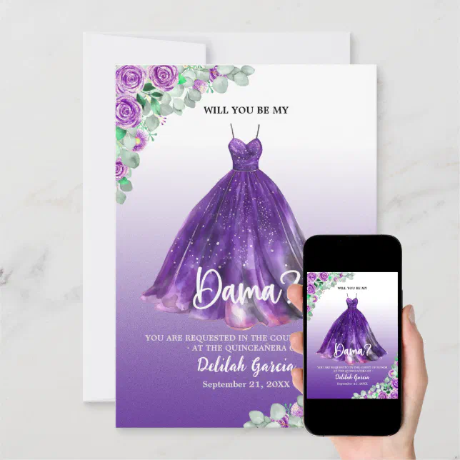 Pretty Purple Formal Quinceañera Dama Proposal Invitation | Zazzle