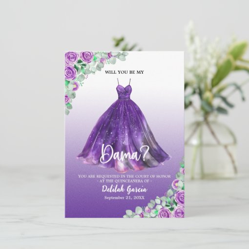 Pretty Purple Formal Quinceañera Dama Proposal Invitation | Zazzle