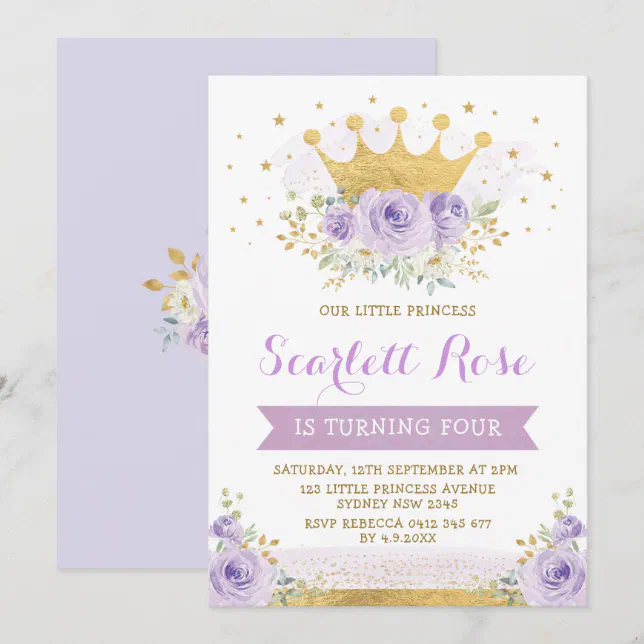 Pretty Purple Lilac Princess Gold Crown Birthday Invitation | Zazzle