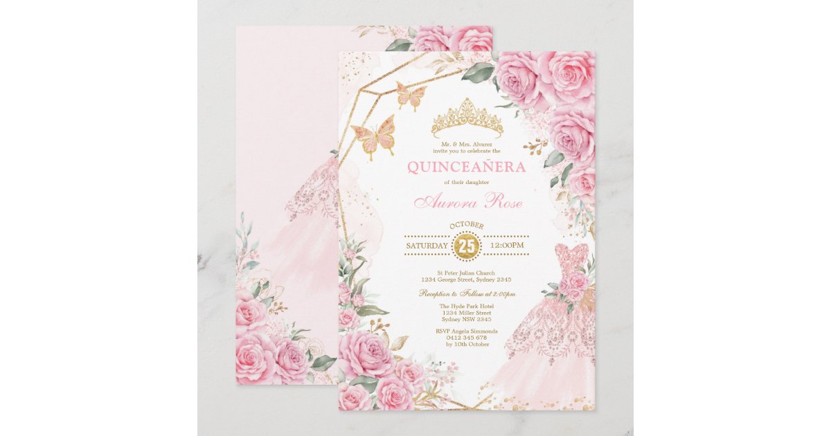 Pretty Quinceañera Pink Gold Roses Quince Princess Invitation | Zazzle