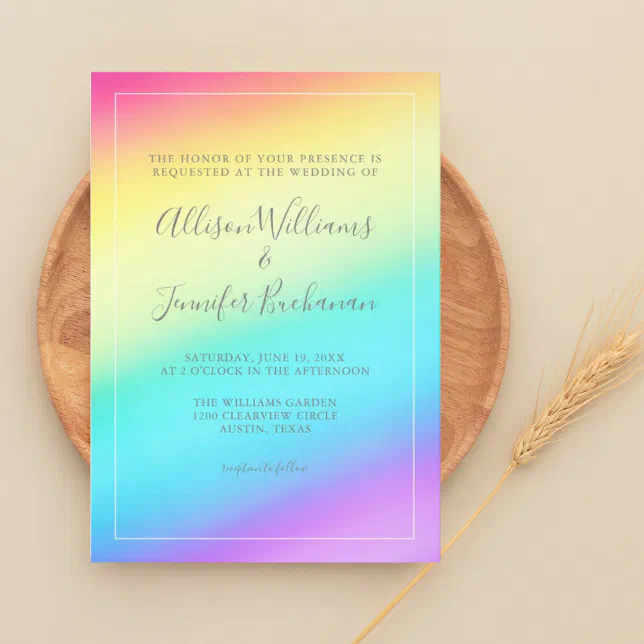 Pretty Rainbow Gradient Colorful LGBTQ Wedding Invitation | Zazzle