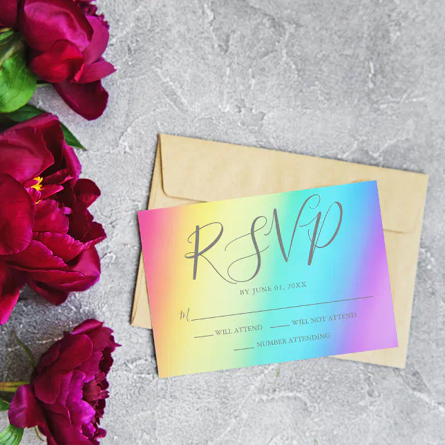 Pretty Rainbow Gradient Colorful LGBTQ Wedding RSVP Card | Zazzle